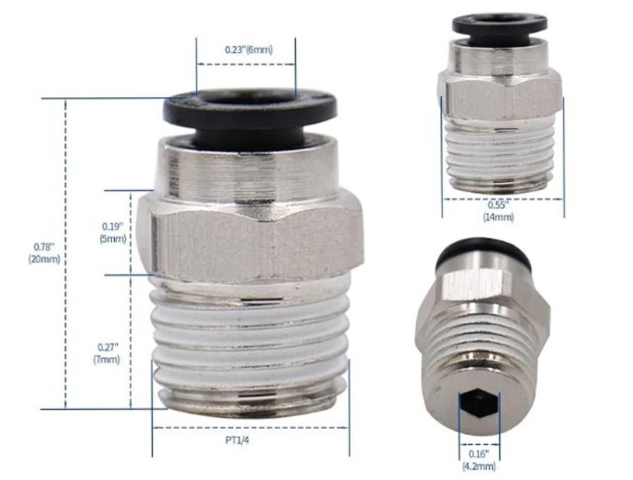 PC6-02 - Conector Neumático para Conexión Rápida para Tubo 6 mm - Macho 1/4" - 10 Unidades