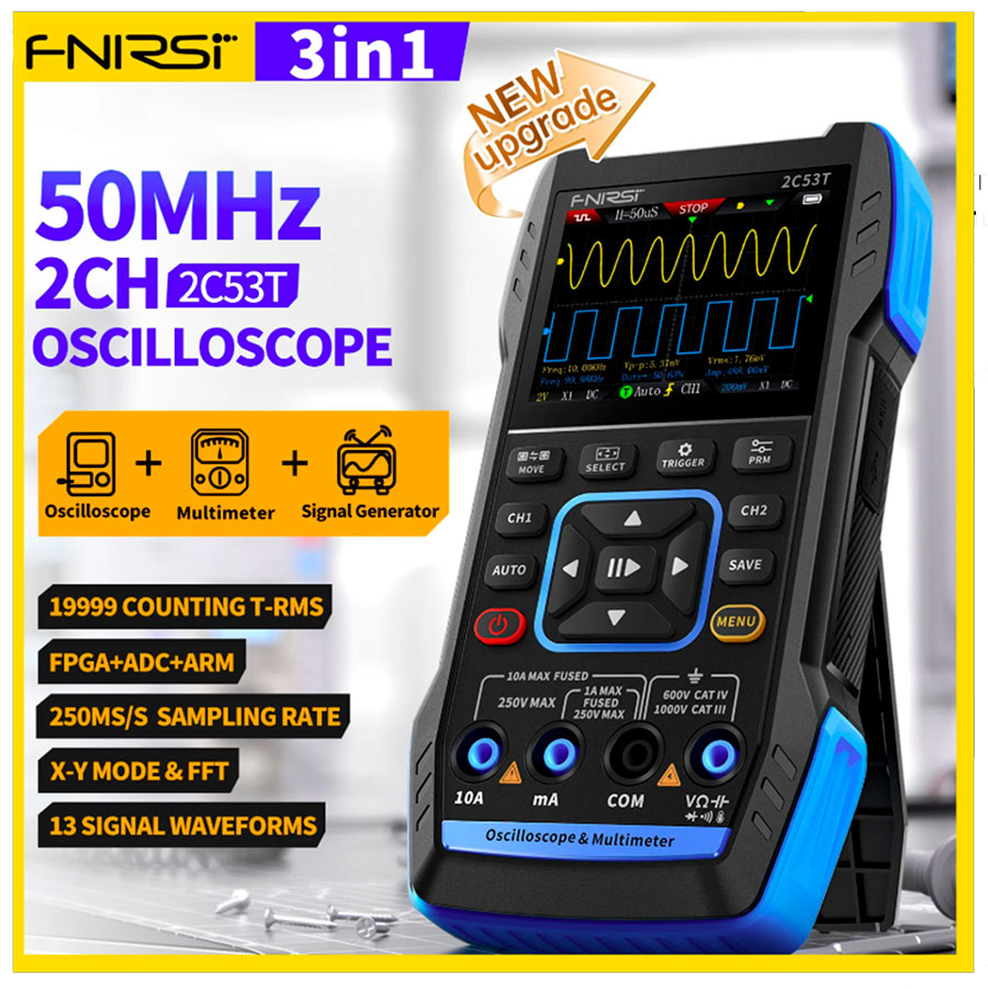 FNIRSi 2C53T - Osciloscopio 2 canales 50MHz, Multímetro y Generador