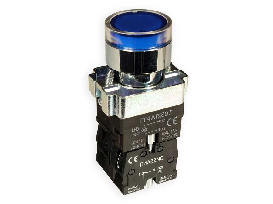 SWITCHTRONIX Serie BZ - Actuador Pulsador Azul Iluminado - Ø22,5 mm