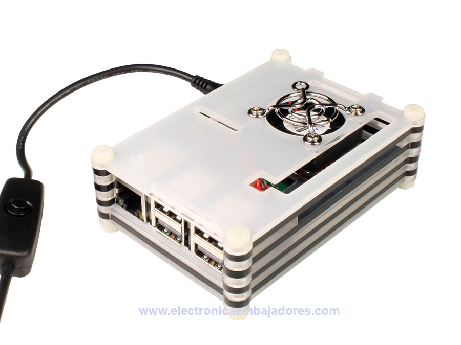 Caja Raspberry Pi B+, B 1GB con Ventilador, 3 Disipadores e Interruptor