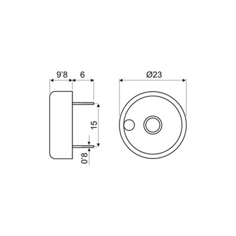 Piezoelectric Buzzer 23mm for PCB – 3-24VDC, 85 dB, 3.5 kHz
